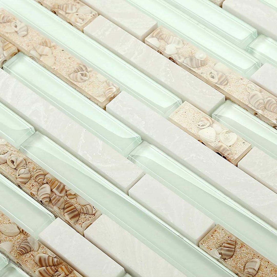 Coastal Glass Stone Linear Mosaic Seashell Strip Tile, Beach Style ...