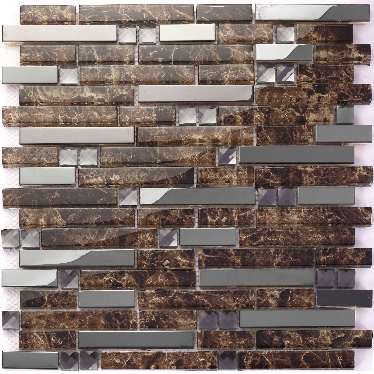 Dark Emperador Glass Metal Mosaic Tile, Stainless Steel Rhinestone ...