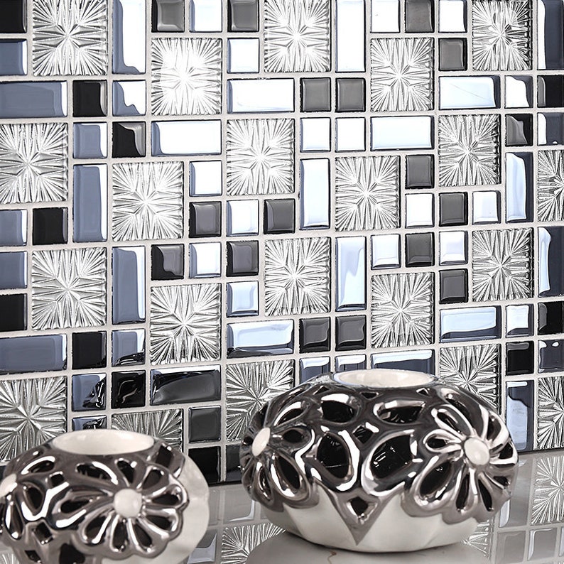 Glass Mosaic Tile Blue/black and Silver Snowflake Pattern - Etsy