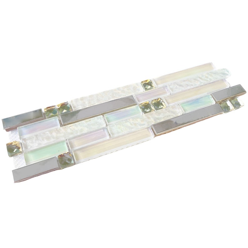 Iridescent Glass Metal Mosaic Tile Pearl White Silver Linear Backsplash ...