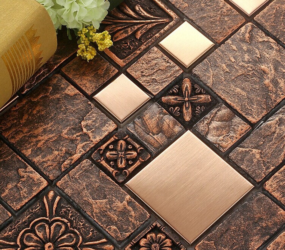 Antique Bronze Mosaic Tile Copper Floral Wall Backsplash Mixed Metal ...