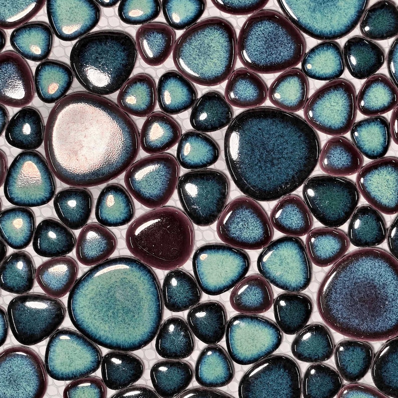 Deep Ocean Blue Pebble Mosaic Tile Handmade Ceramic Coastal Bathroom ...