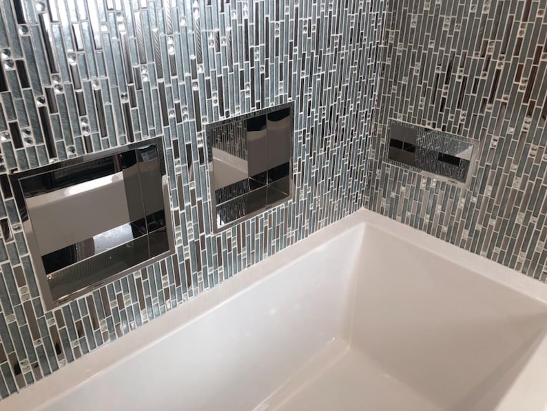 Silver Glass Mosaic Tile Modern Metallic Shiny Backsplash for Kitchen ...