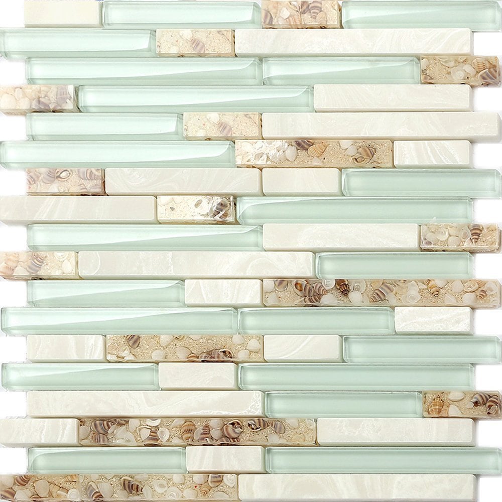 Coastal Glass Stone Linear Mosaic Seashell Strip Tile, Beach Style ...