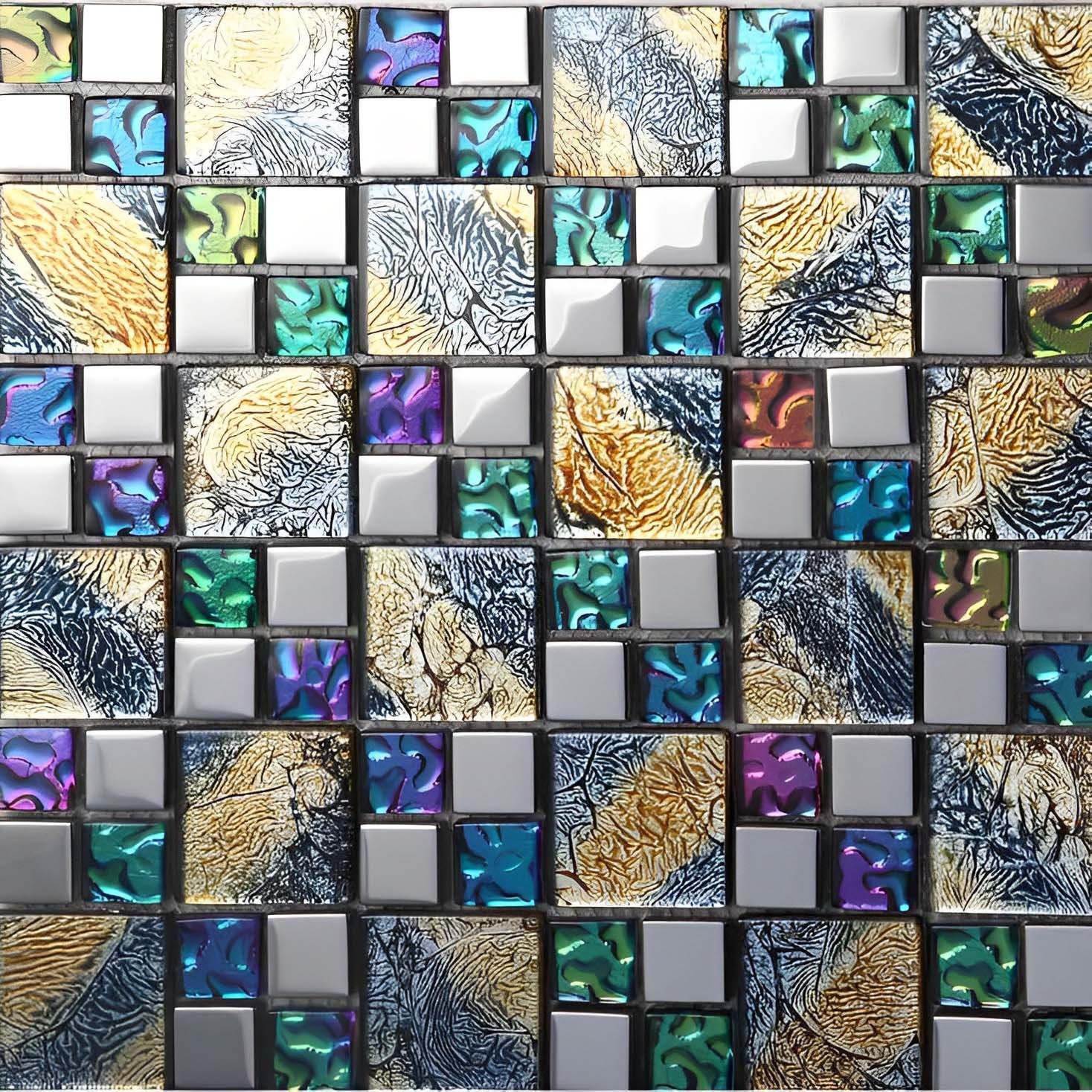 Colorful Glass Mosaic Iridescent Metallic Wall Tile Modern Backsplash ...