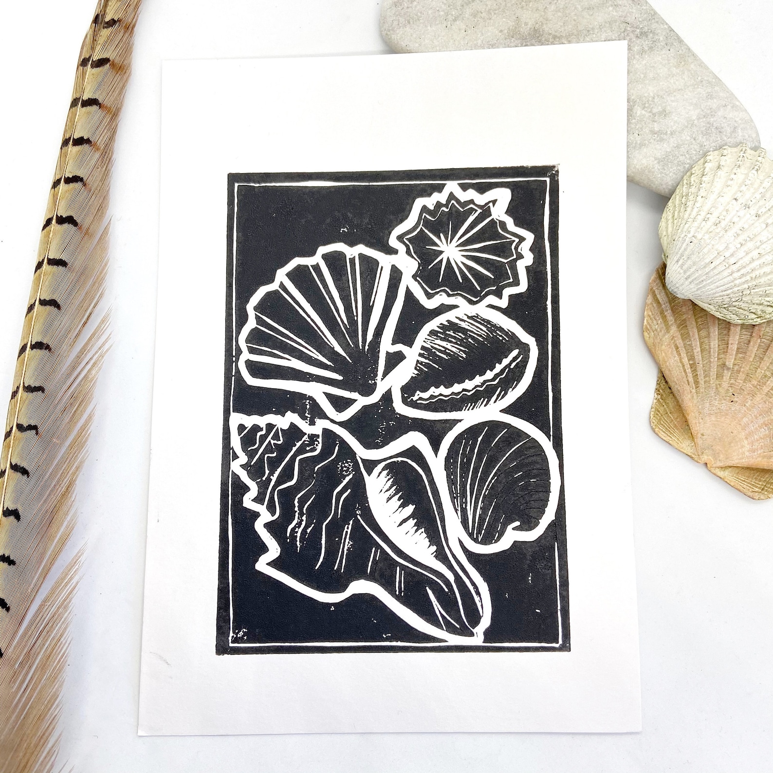 Sea Shell Lino Print Handmade Conch Linograph Wall Art A5 | Etsy