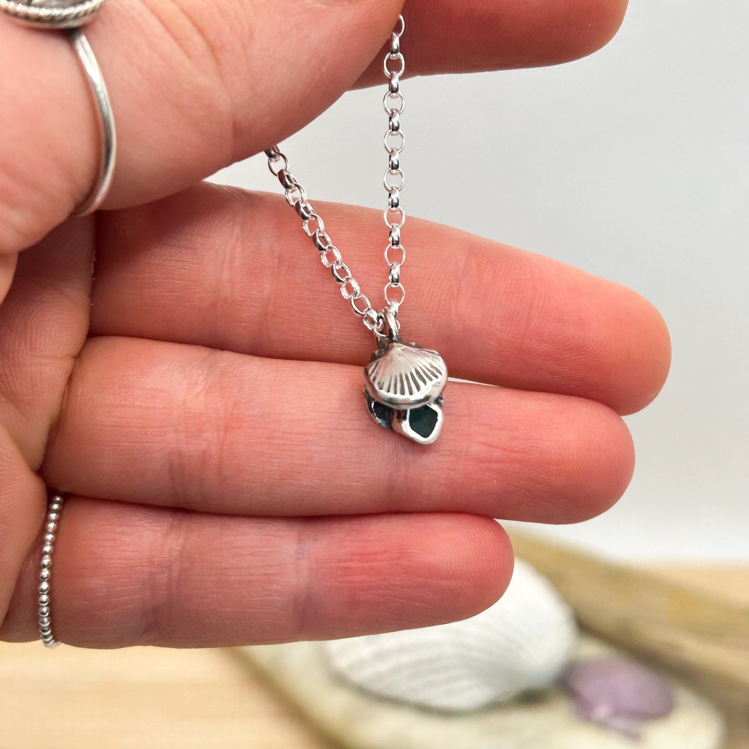 Sterling Silver Shell Pendent & Hidden Sea Glass Charm | Handmade | 18 ...