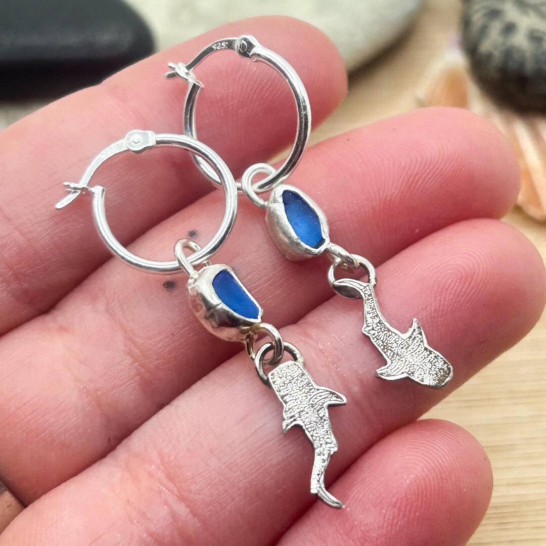 Whale Shark Silhouette Sea Glass Hoop Earrings | Handmade | Sterling ...