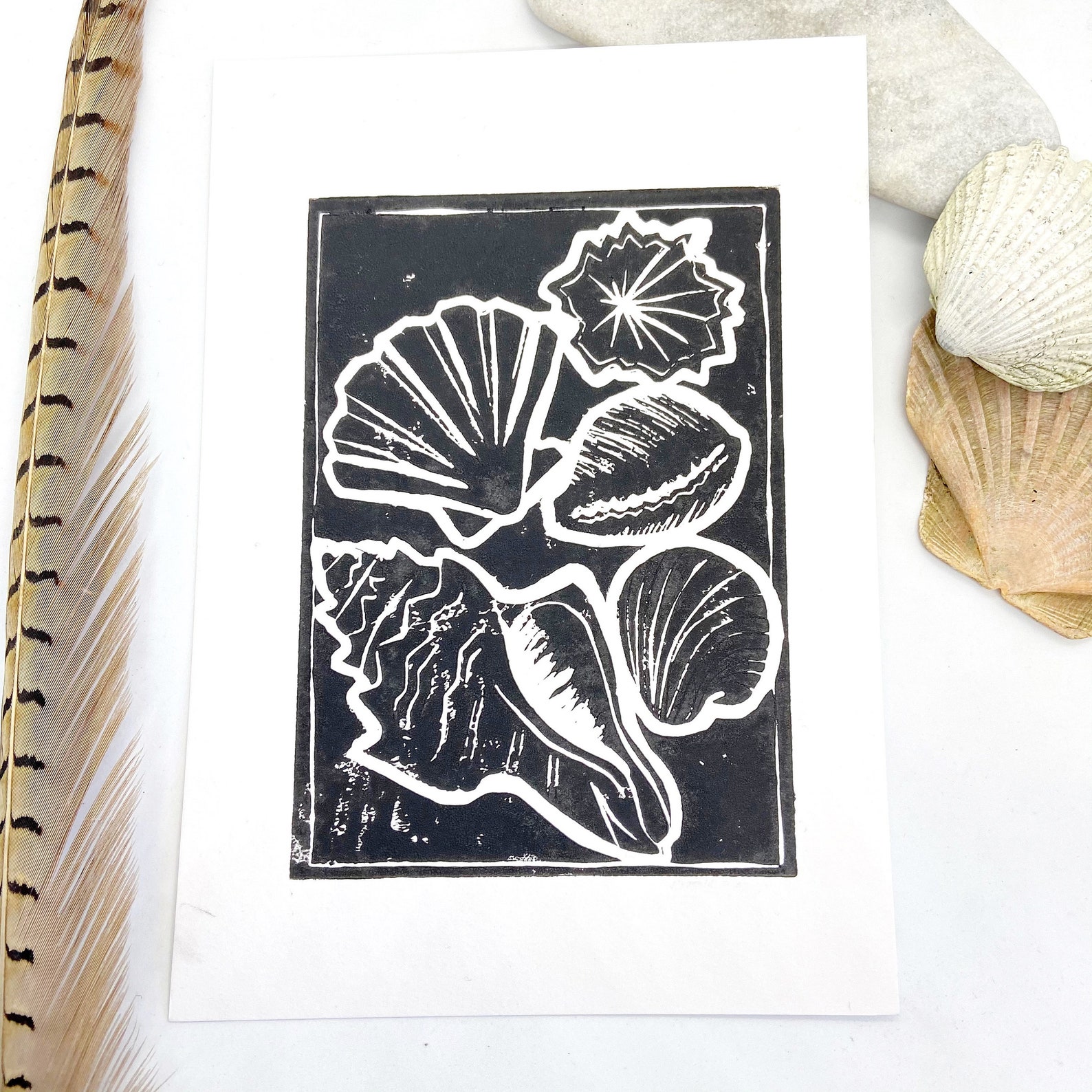 Sea Shell Lino Print Handmade Conch Linograph Wall Art A5 | Etsy
