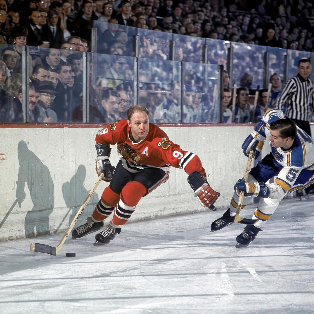 Photo of Bobby Hull, Chicago Blackhawks and Bob Plager, St. Louis ...