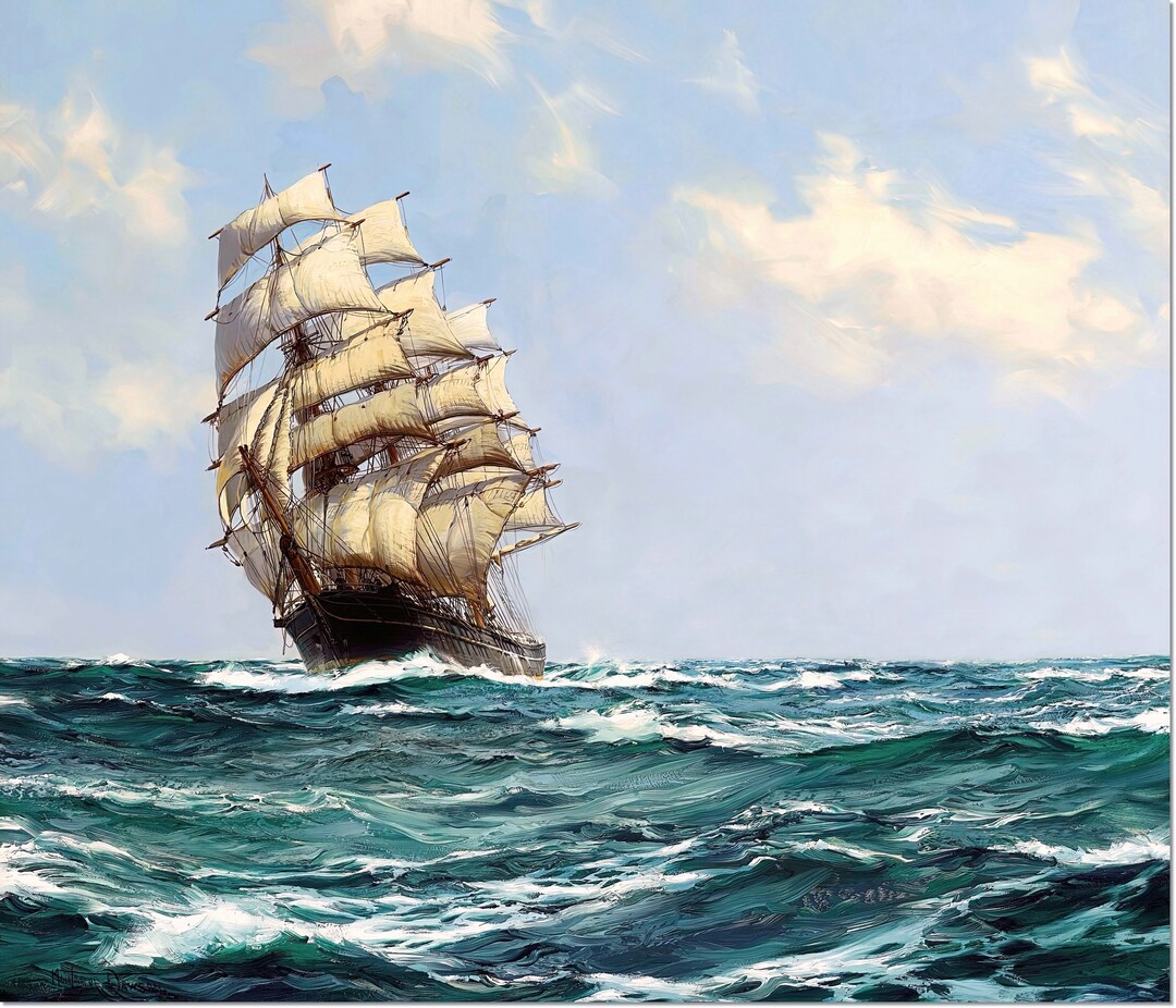 Stretched Canvas - Clipper Ship on the High Seas Painting by Montague ...