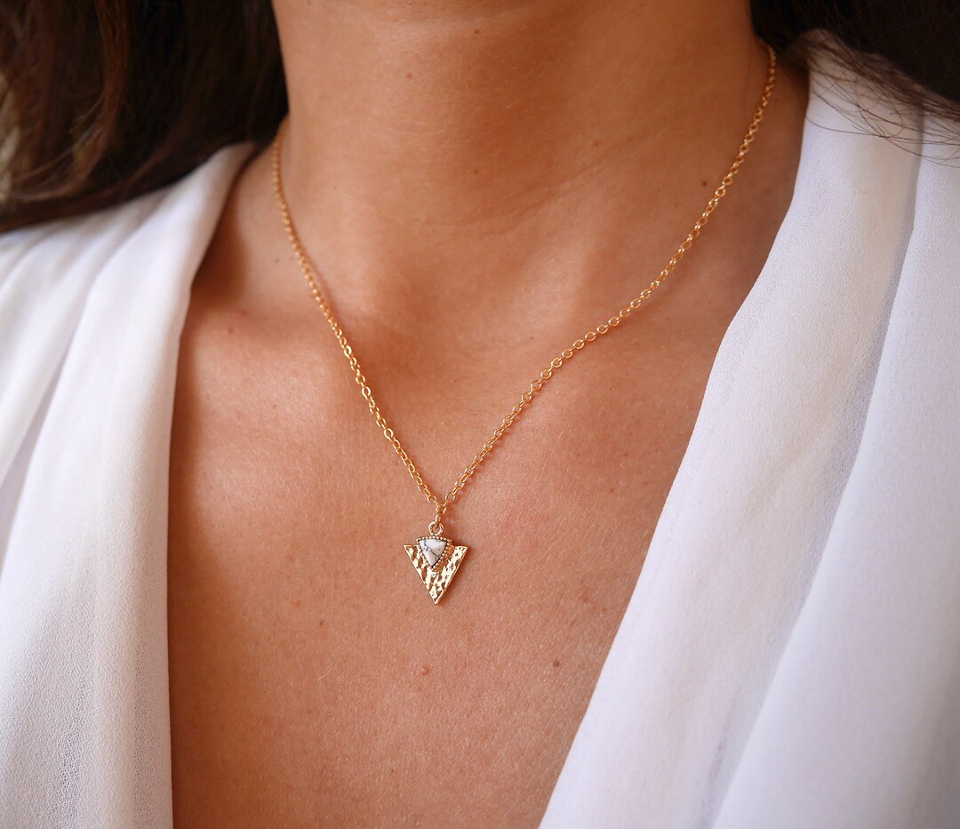 Gold Plated Chain Necklace - Triangle Necklace - White Stone ...