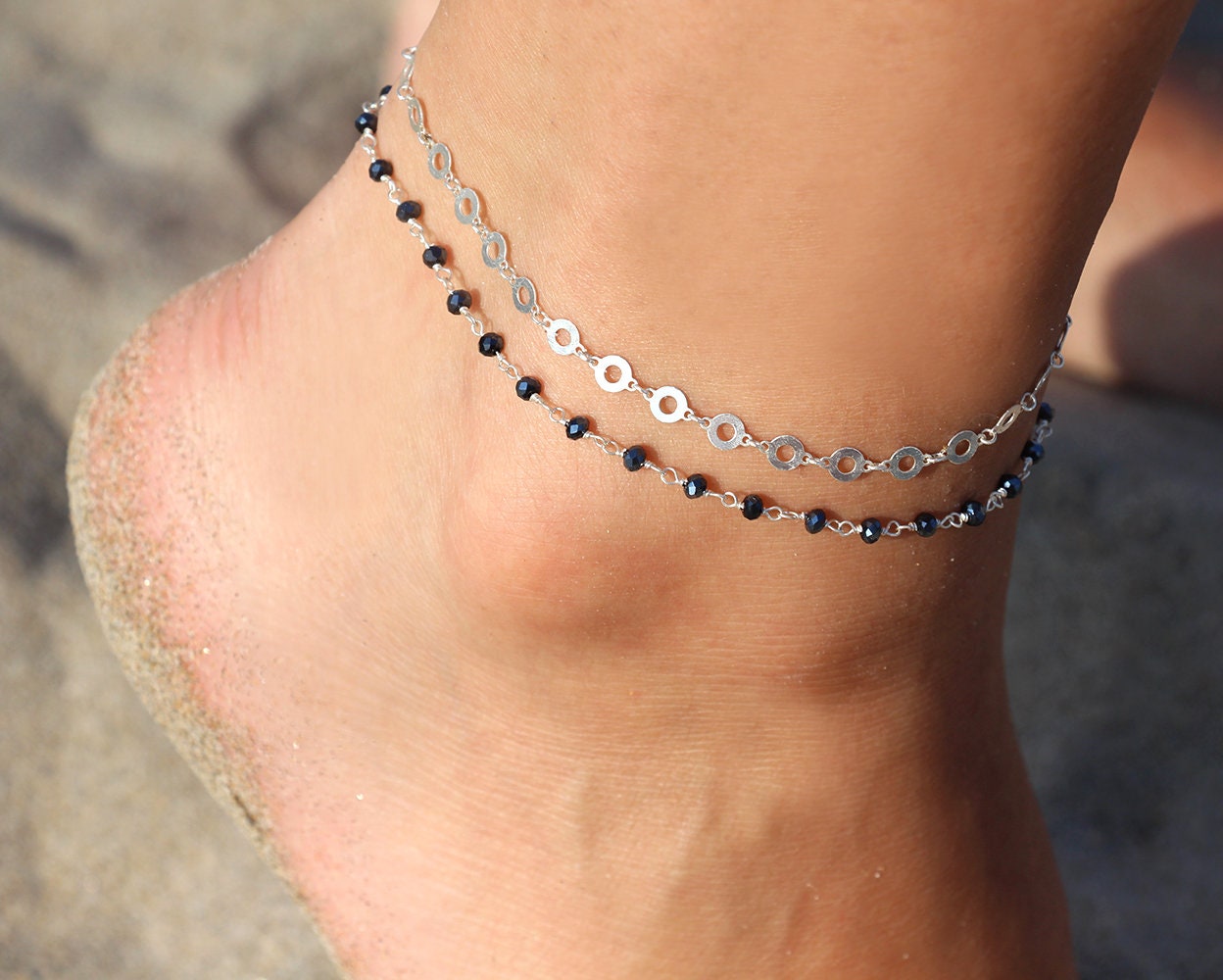 Sterling Silver Chain Anklet Black Hematite Stone Ankle - Etsy