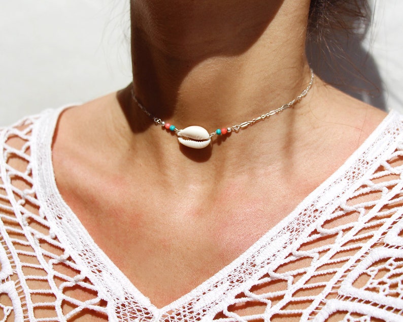 Cowrie Shell Sterling Silver Chain Choker - Chocker Necklace ...