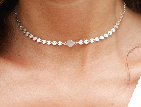 Choker Necklace Choker 925 Silver Circle Chain Moonstone Iridescent Transparent White Short Necklace Wedding Etsy
