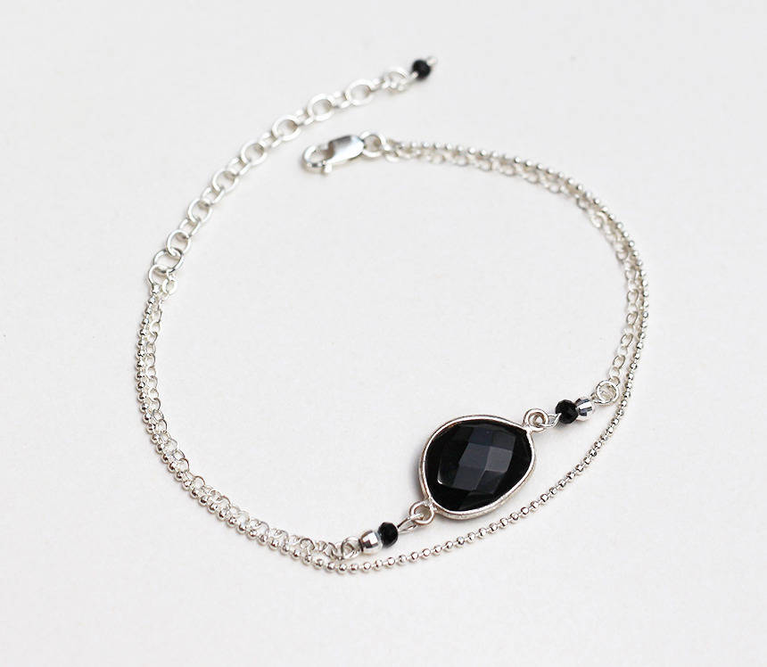 Double Layered Sterling Silver Bracelet - Black Onyx Stone Bracelet ...