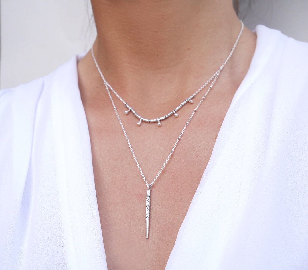 Sterling Silver Layered Necklace - Sattelite Chain Necklace - Bohemian ...
