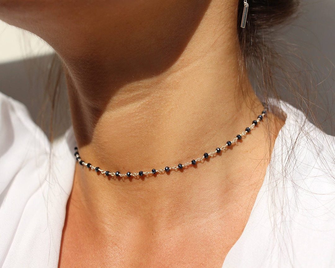 Rosary Gem Choker Necklace - Stone Necklace - Black Beaded Necklace ...