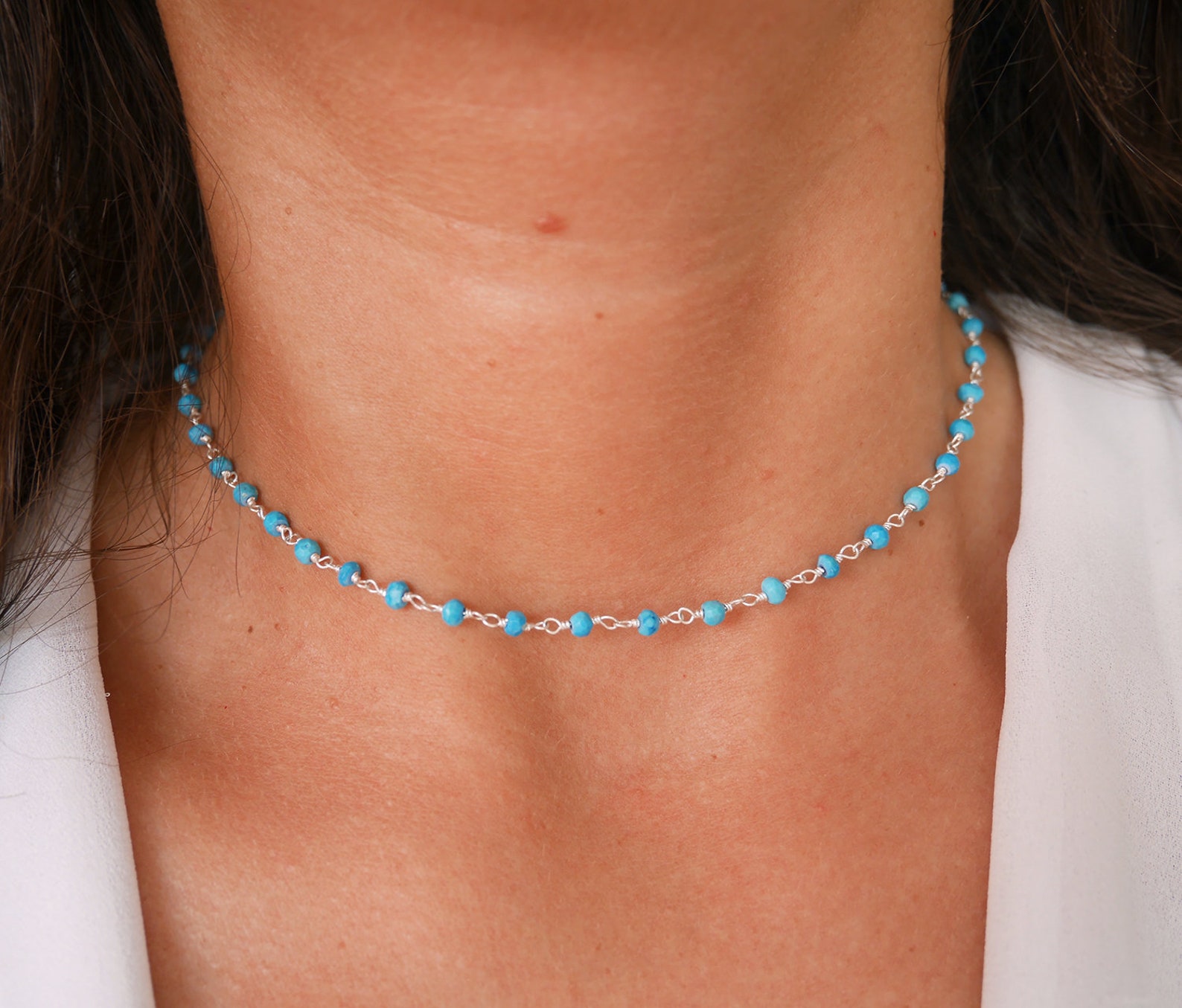Rosary Gem Choker Necklace - Turquoise Stone Necklace - Blue Beaded ...