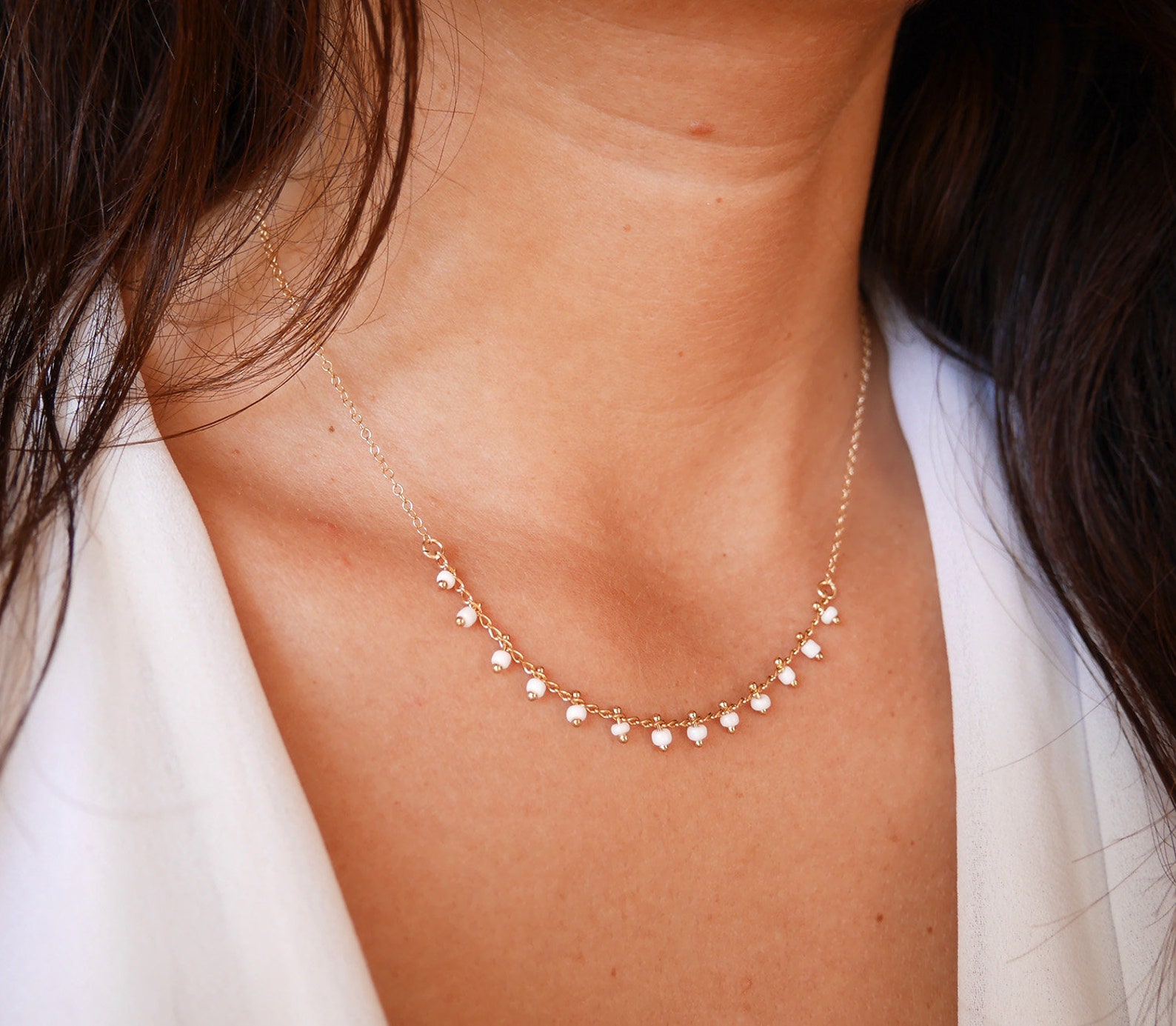 Gold Plated Chain Necklace Beaded Necklace White Beads - Etsy