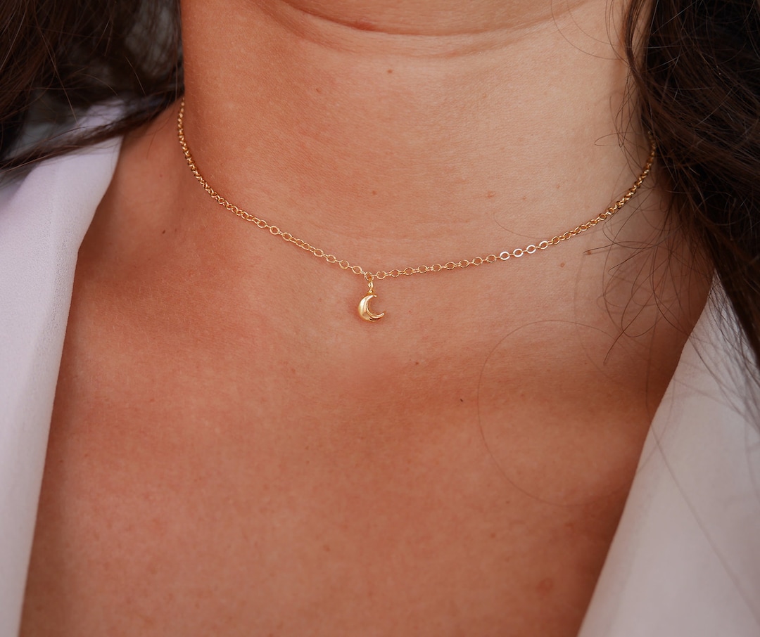Gold Plated Chain Choker - Minimalist Ultra Thin Necklace - Tiny Moon ...