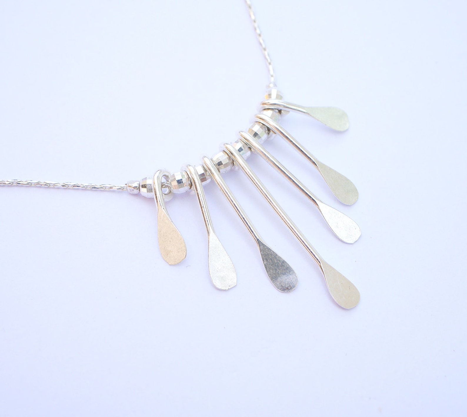 Sterling Silver Drop Charm Necklace - Faceted Silver Beads Necklace ...