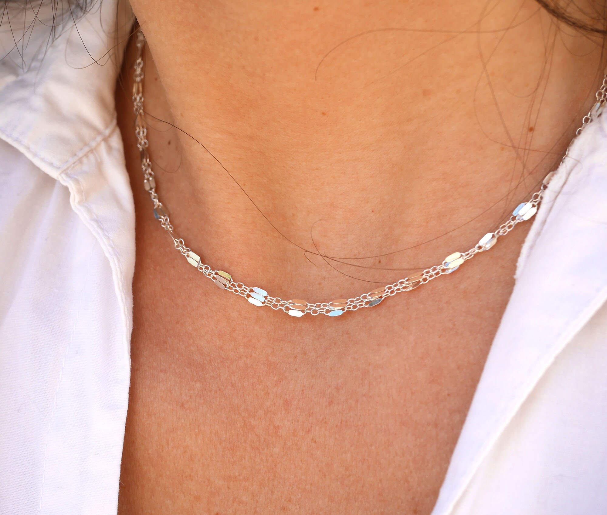 Sterling Silver Double Chain Necklace Minimalist ultra thin | Etsy