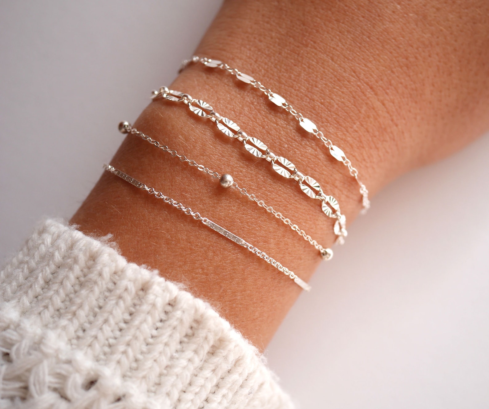 Set of 4 Thin Sterling Silver Chain Bracelet Layering Bracelet ...