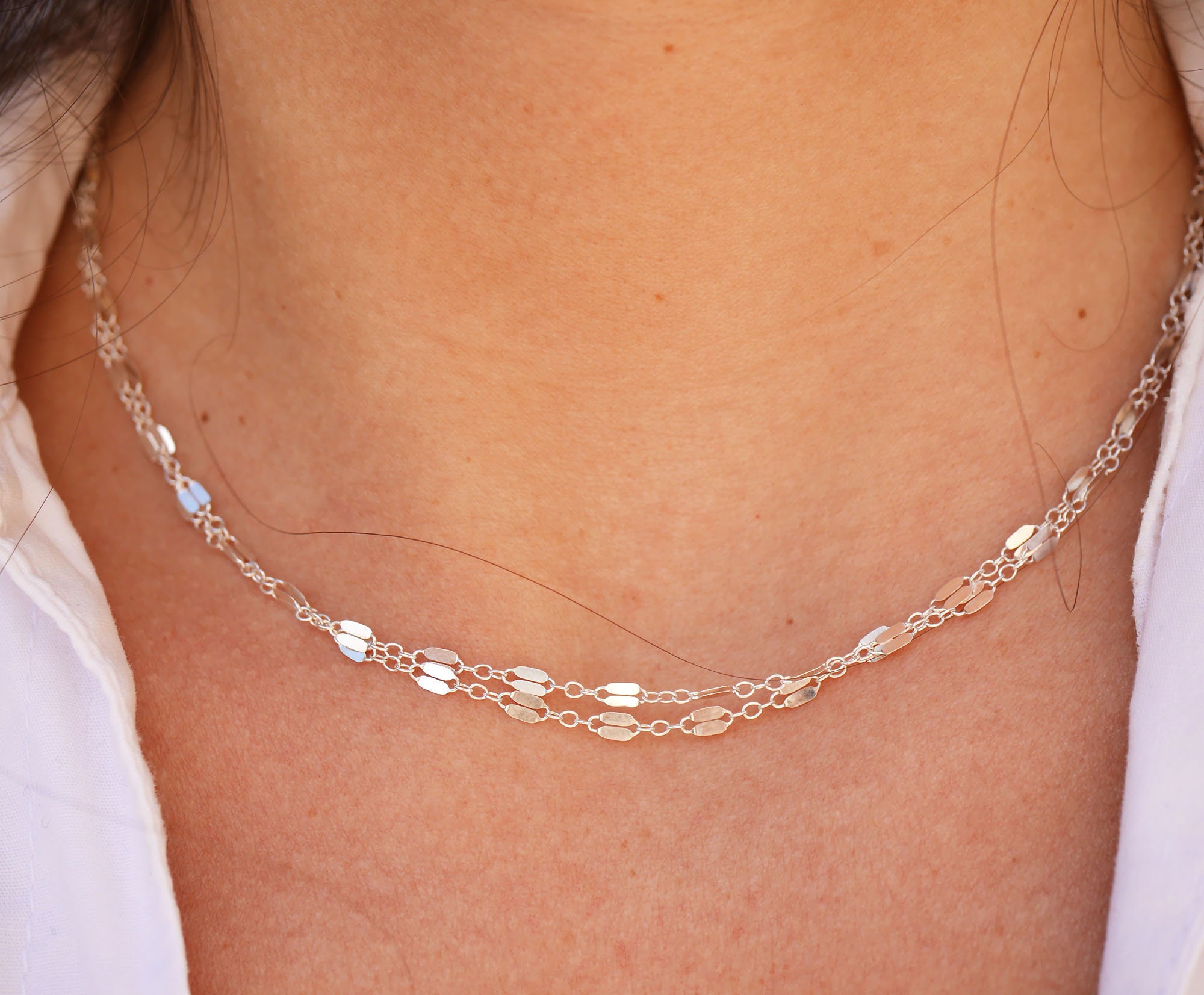 Sterling Silver Double Chain Necklace Minimalist ultra thin | Etsy