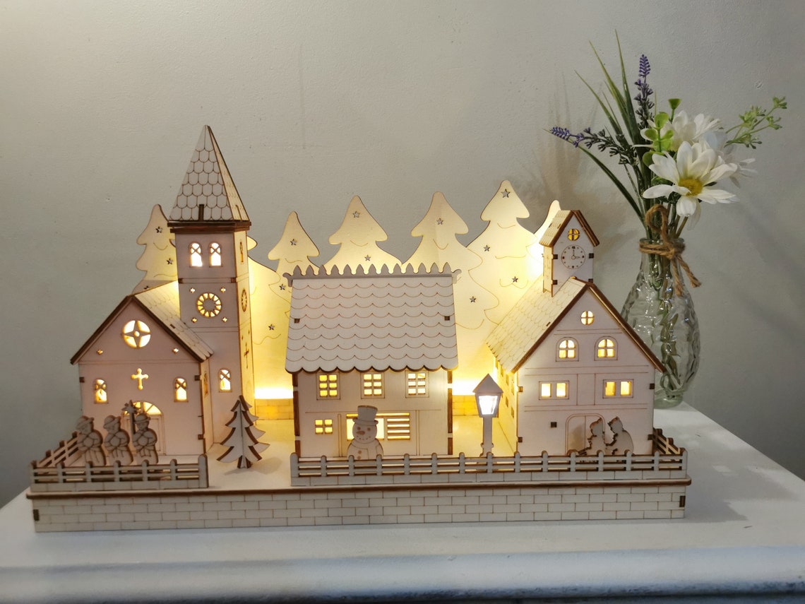 Christmas Village Light up Wooden Decoration With LED Lights Made in ...