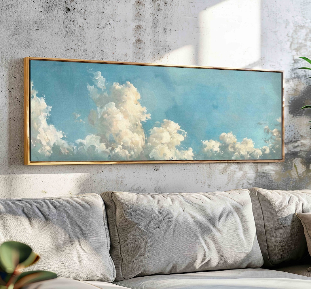 Vintage Clouds Wall Art Framed, Sky Blue Cloud Horizontal Wall Art, Calm Wall Art, Panoramic ...