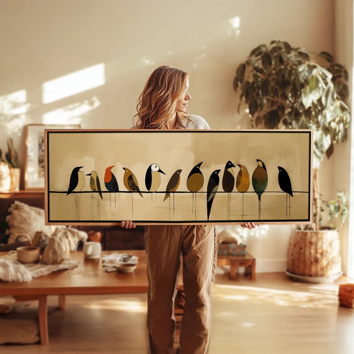 Mid Century Modern Birds on Wire Framed Art: Horizontal Abstract Print ...