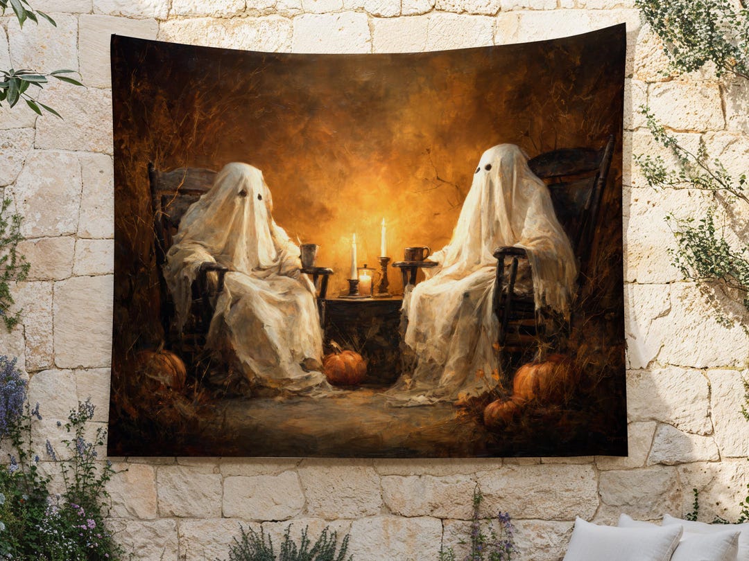 Vintage Halloween Tapestry: Spooky Ghost Couple, Pumpkins & Candles - Etsy