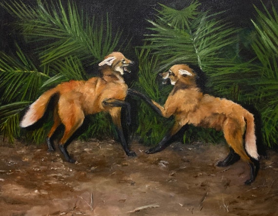 Maned Wolves fighting. Art Print of Original Painting. - Etsy