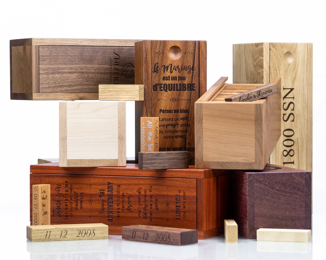 5th Anniversary Wood Gift Luxury// Engraved Tumbling Tower Set | Etsy