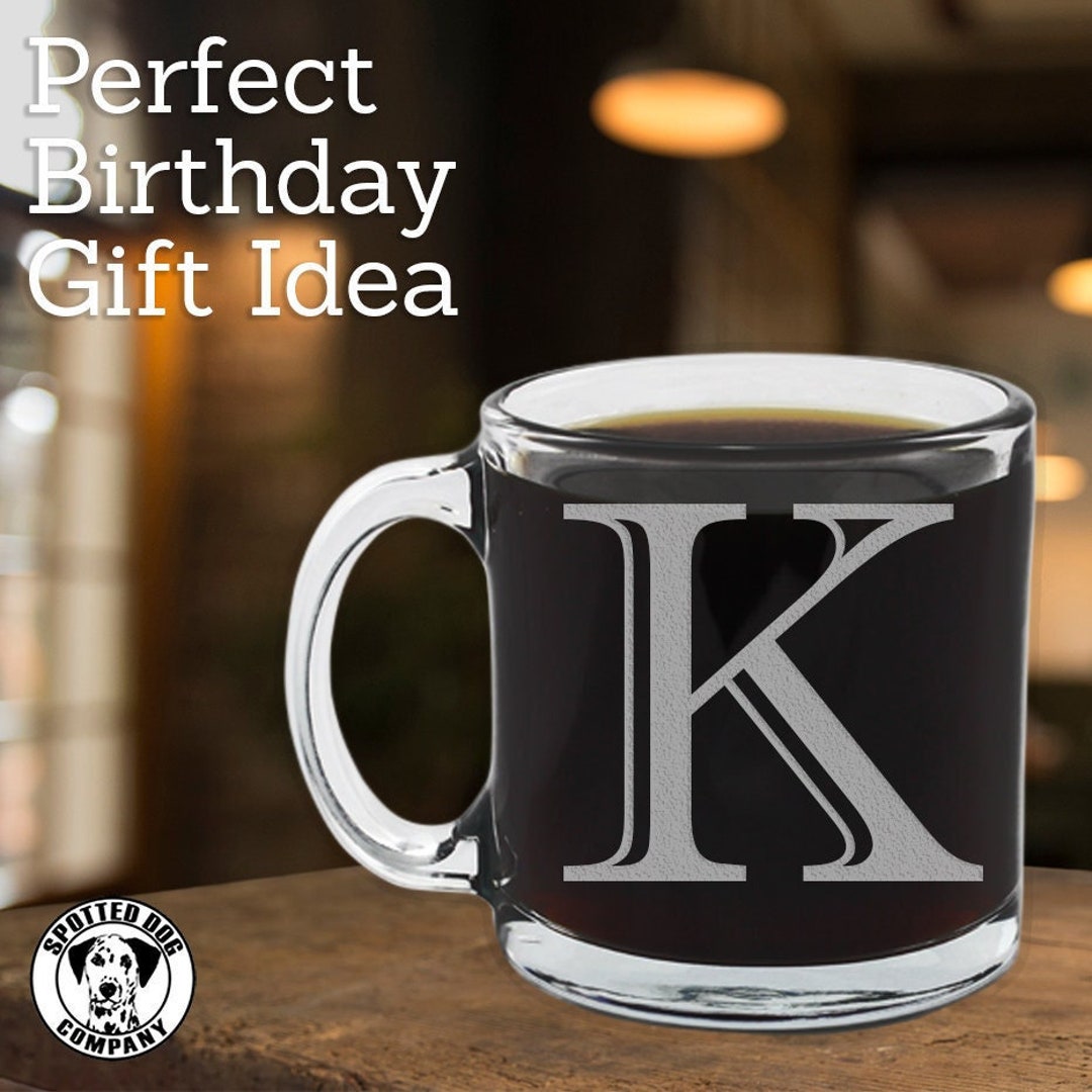 Monogram Etched 'K' Coffee Mug / Etched Glass Mug / Housewarming Coffee ...