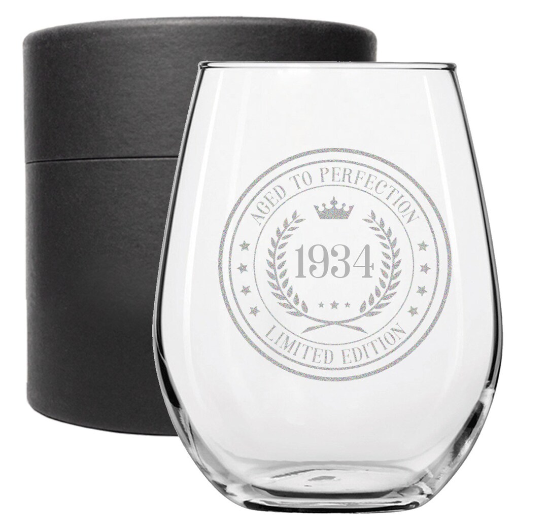 Vintage 1934 Etched 16oz Stemless Wine Glass - 90th Birthday Aged to ...