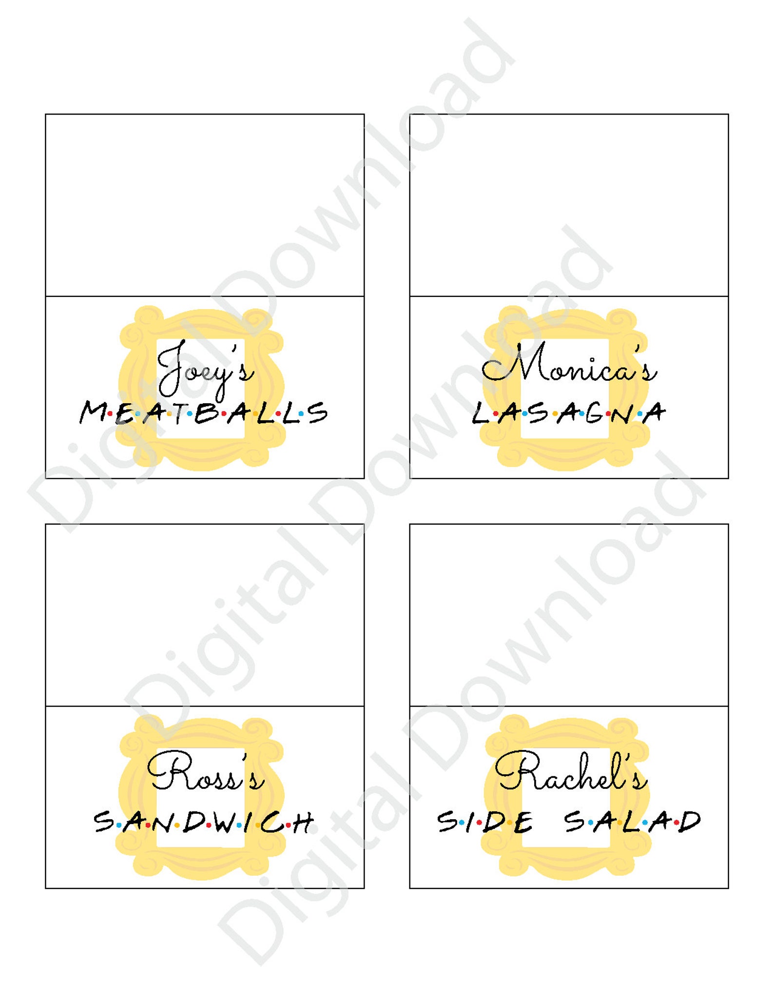 Friends Themed Food Place Cards - Bridal Shower, Baby Shower, Birthday ...