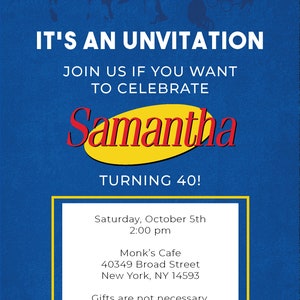 Seinfeld Unvitation Birthday Invitation - Made to Order - Etsy