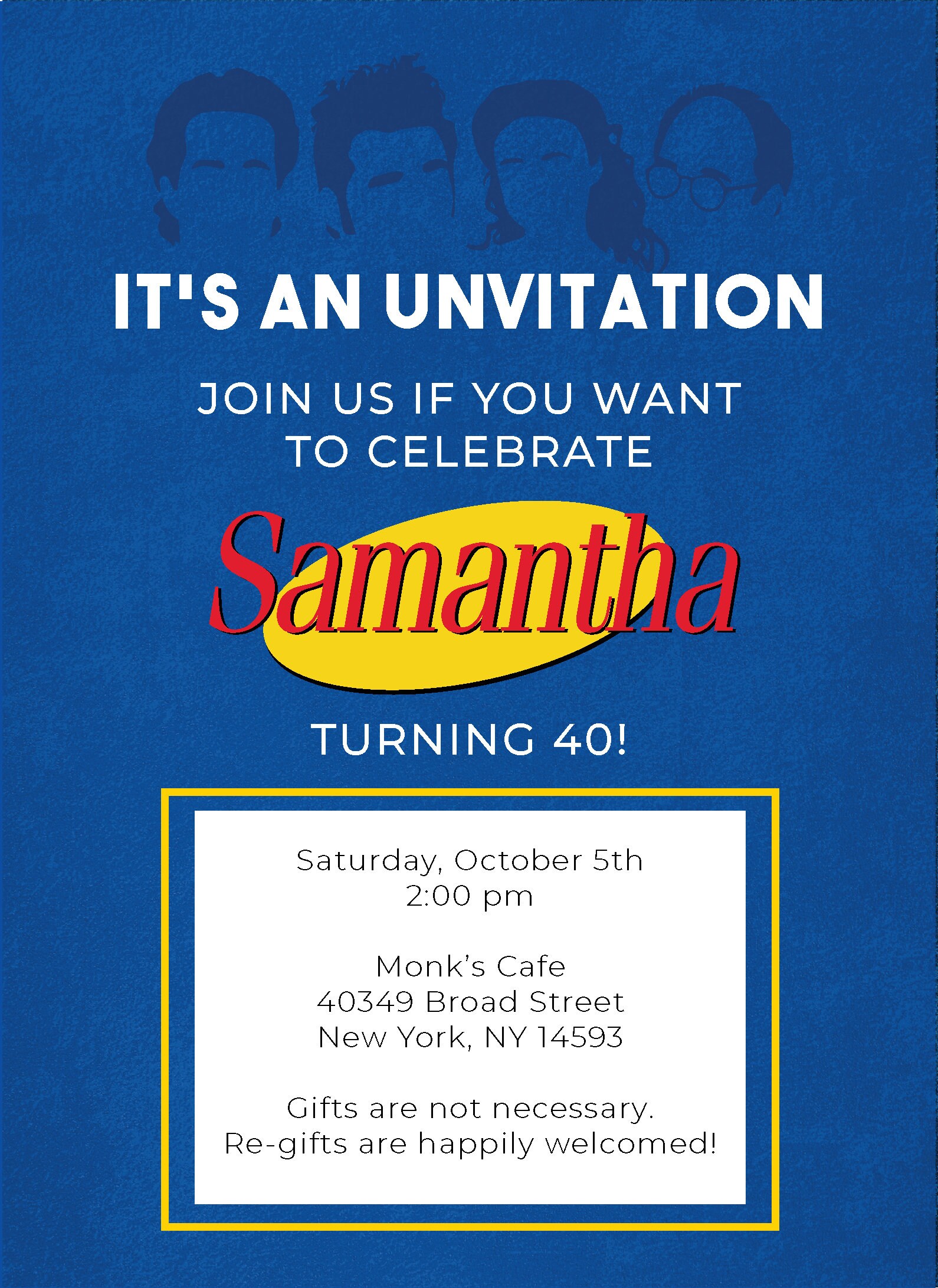Seinfeld Unvitation Birthday Invitation - Made to Order - Etsy