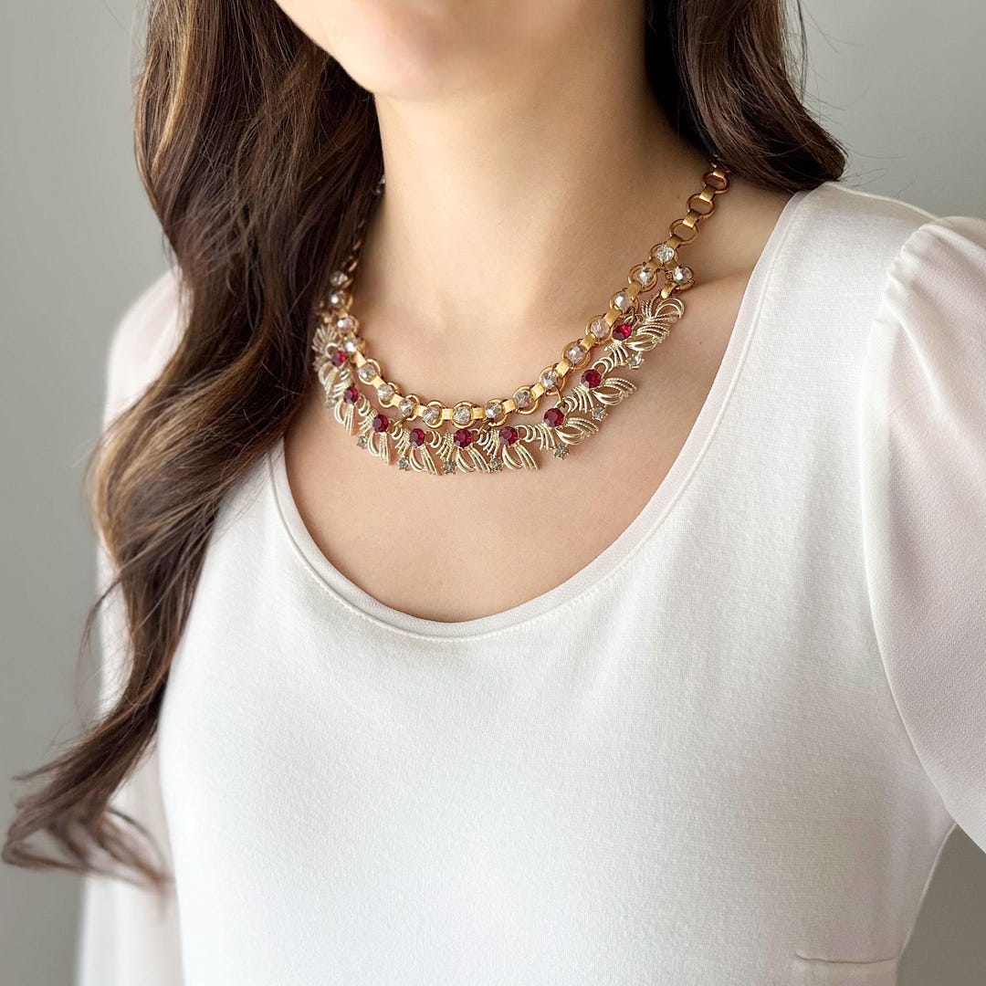 Red and Gold Statement Necklace; Made From Vintage Brass, Gold and Red ...