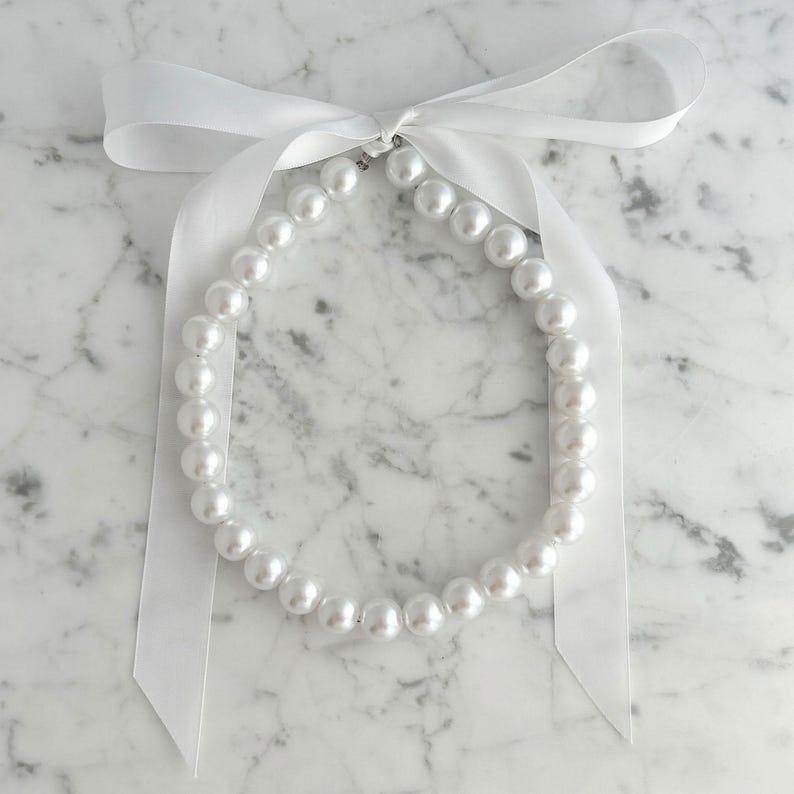 Chunky Pearl Ribbon Necklace • White Satin Ribbon Tie • White Pearls ...