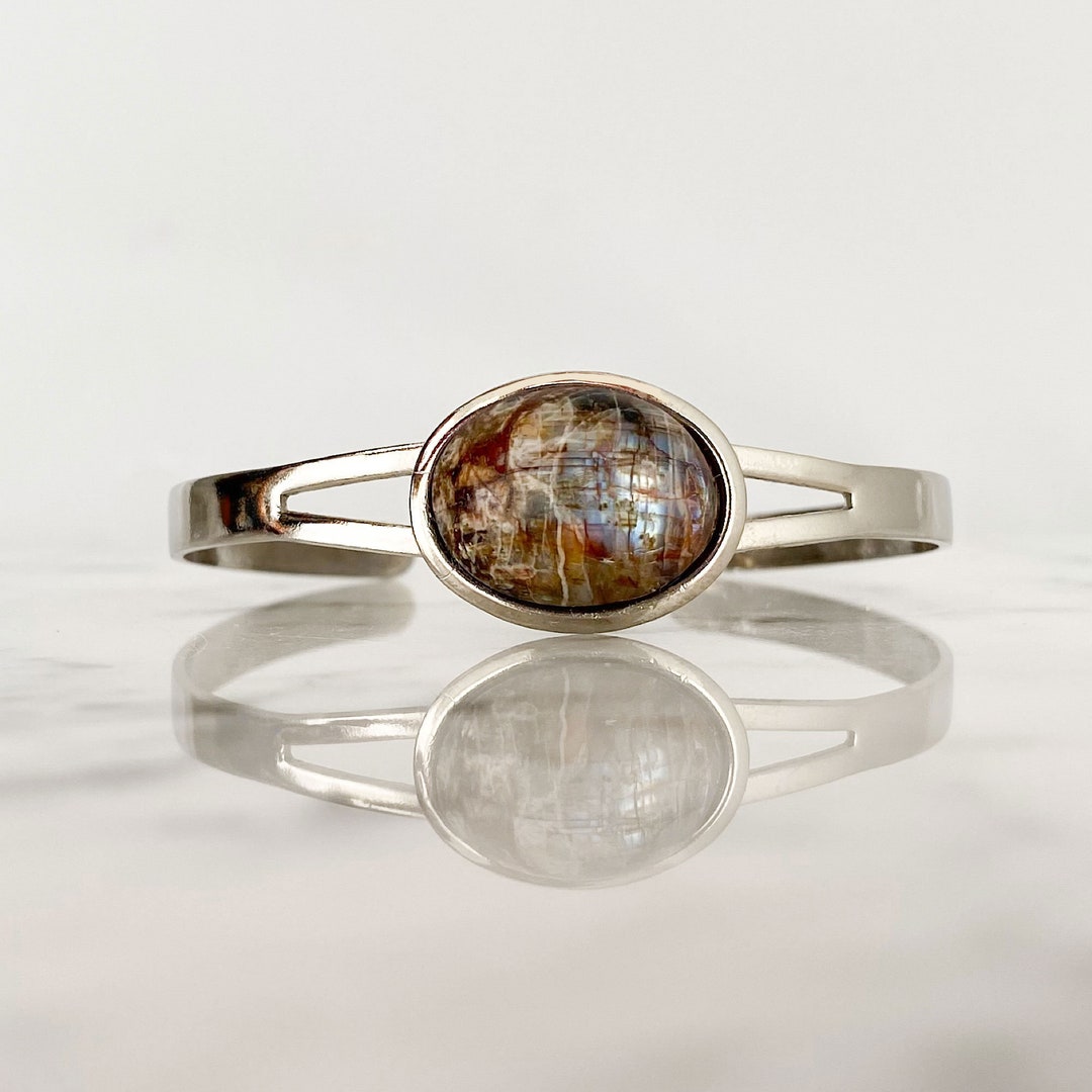 Vintage Silver Jasper Cabochon Cuff Bracelet, Single Stone Bangle ...