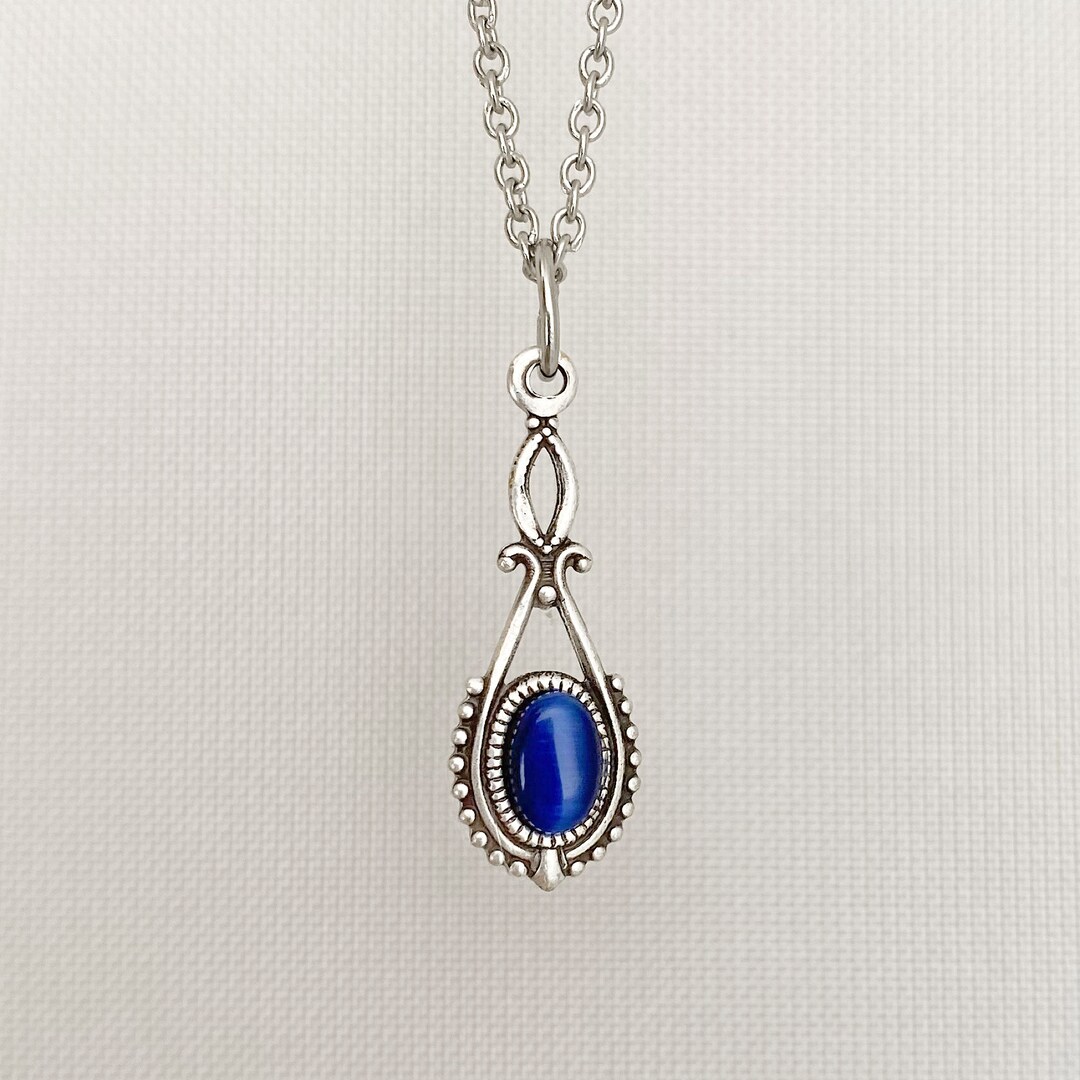 Petite Silver and Navy Blue Pendant Necklace, Oxidized Silver Tone Art ...