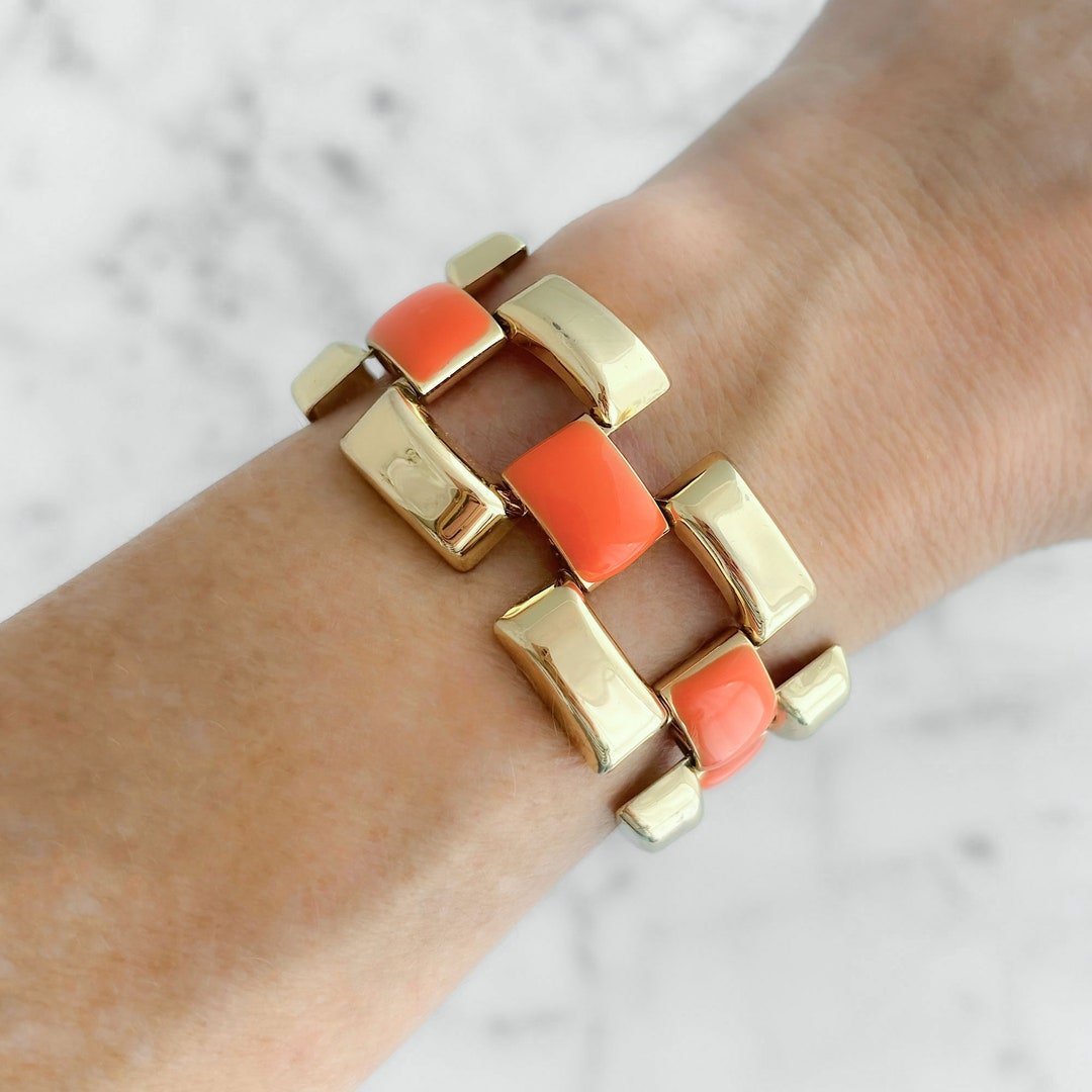 Gold Chain Link Bracelet Wide Vintage Orange Enamel and Gold Chain ...
