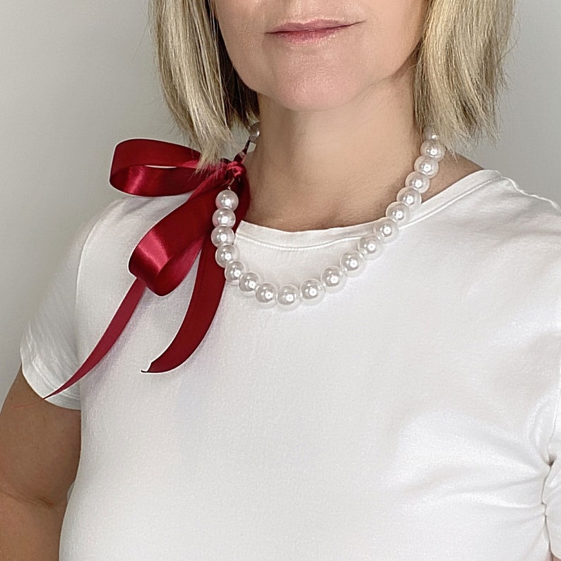 Chunky Pearl Ribbon Necklace Red Satin Ribbon Tie Pearl - Etsy