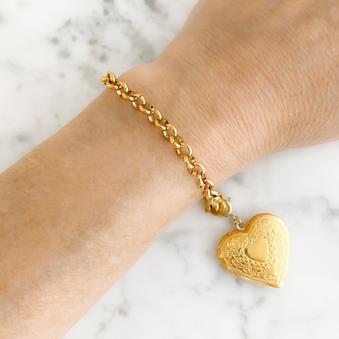 Etched Gold Heart Locket Bracelet • Gold Plated Steel Silver Locket and ...