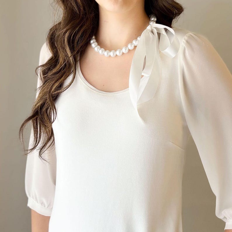 Chunky Pearl Ribbon Necklace • White Satin Ribbon Tie • White Pearls ...