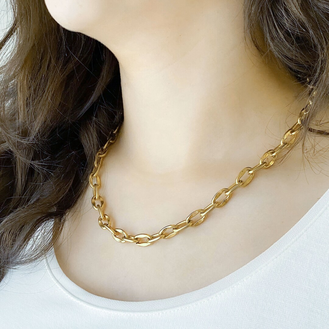 Gold Chain Necklace, Gold Tone Elongated Link Necklace, Chunky Gold ...