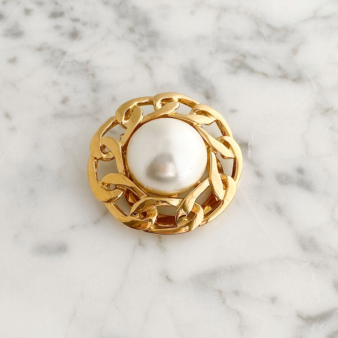 Vintage 80's Pearl and Gold Chain Scarf Clip, 1980's Gold Tone Pearl ...
